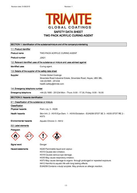 Two Pack Acrylic Curing Agent Msds Download