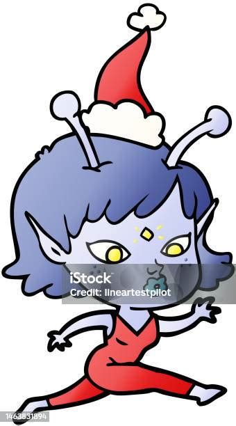 산타 모자를 쓰고 달리는 외계인 소녀의 예쁜 손으로 그린 그라데이션 만화 그라데이션에 대한 스톡 벡터 아트 및 기타 이미지 그라데이션 낙서 드로잉 달리기 Istock