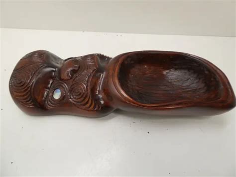 Vintage Carved Timber Tiki Statue New Zealand Maori Bowl Paua Shell