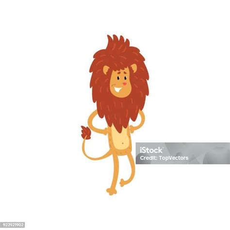 Karakter Kartun Singa Tersenyum Lucu Berdiri Di Atas Dua Kaki Vektor