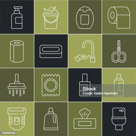 세트 라인 변기 세정제 용 병 손톱 가위 샴푸 바 비누 종이 타월 롤 및 아이콘으로 손 씻기 벡터 개수대에 대한 스톡 벡터 아트