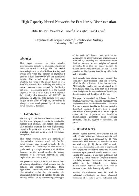 Pdf High Capacity Neural Networks For Familiarity Discrimination