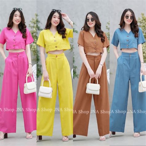 Lalanta เสื้อผ้าแฟชั่น เสื้อผ้าผู้หญิง ชุดงานสองชิ้น สี ฟ้า ชมพูบานเย็น