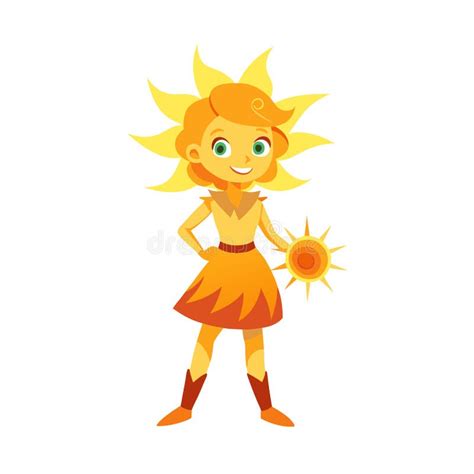 Sun Girl Cartoon Character With Power Sunburst Crown And Radiant