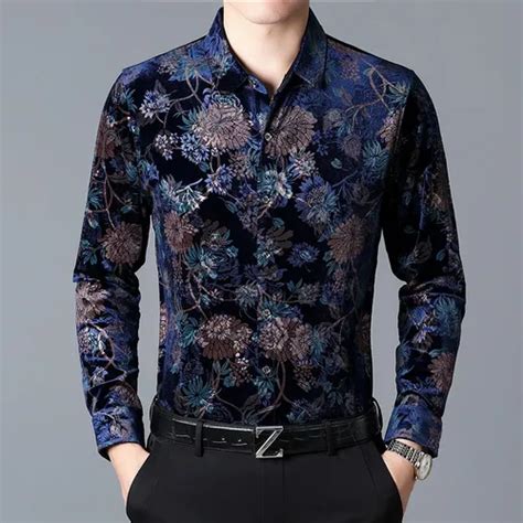 Camisas De Vestir De Terciopelo Dorado Con Estampado Floral Envío Gratis