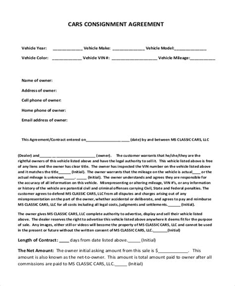 Vehicle Consignment Agreement Template
