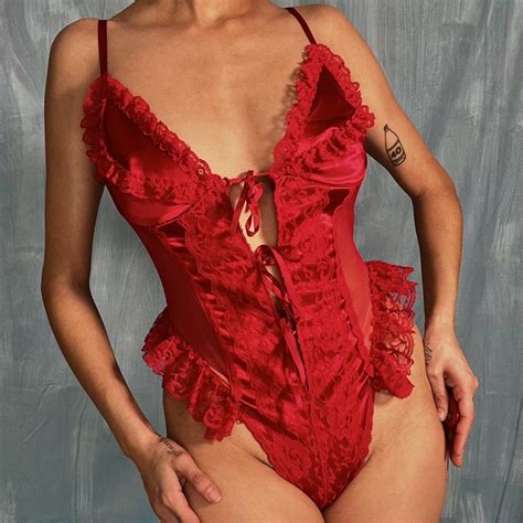 Red Lace Bodysuit Lingerie Bodysuit One Piece Sexy Depop