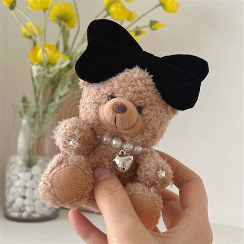 에이어패럴 당일출고특가 블랙 리본 모루 인형 곰돌이 인형 키링 발레코어 베어 진주 하트 팬던트 목걸이 Sd006