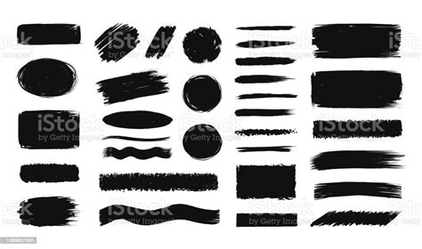 브러시 스트로크 배너 블랙 스플래시 모양 잉크 텍스처 격리 된 페인트 브러시 얼룩 추상적인 반점과 선 거친 얼룩 브러시 스트로크는 밑줄과 스트립을 강조합니다 벡터 그런지
