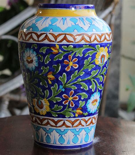 Blue Pottery Multi Colour Handmade Floral Vase 10 Inch
