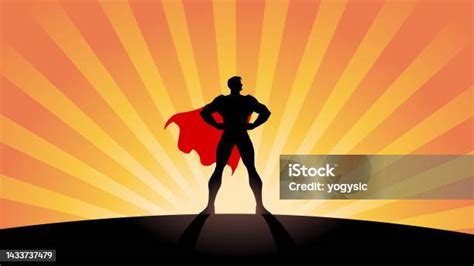 벡터 슈퍼 히어로 실루엣 인 파워 포즈와 선버스트 효과 스톡 일러스트 레이 션 일러스트레이션에 대한 스톡 벡터 아트 및 기타 이미지 일러스트레이션 슈퍼히어로 그림자