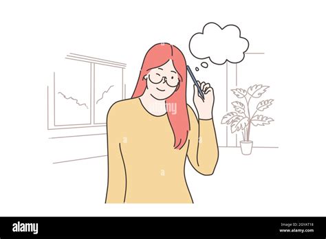Thinking Idea Problem Search Concept Young Smiling Thoughtful Woman