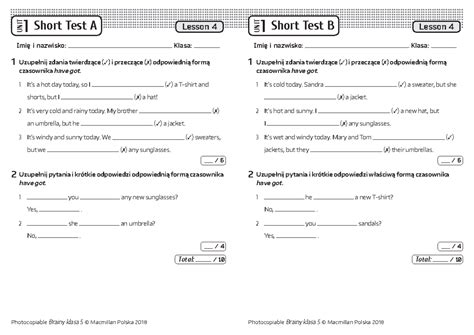 Brainy kl5 Short Tests Unit 1 Lesson 4 Imię i nazwisko Klasa Imię i
