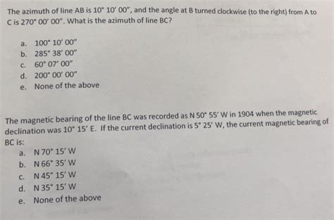 Solved The Azimuth Of Line Ab Is And The Angle Chegg Com
