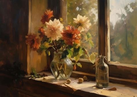 Premium AI Image There Is A Painting Of Flowers In A Vase On A Window