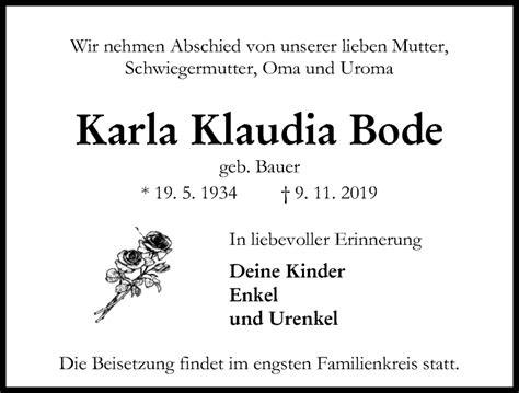 Traueranzeigen Von Karla Klaudia Bode Trauer Anzeigende