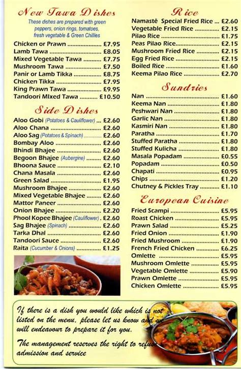 Namaste Indian Restaurant On Melton Rd Leicester Everymenu