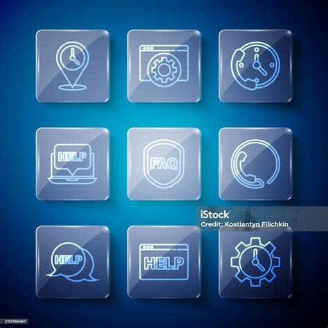 텍스트 도움말 브라우저 도움말 시간 관리 전화 24시간 지원 Shield Faq 노트북 및 위치 시계 및 아이콘으로 회선 말풍선을 설정합니다 벡터 24에 대한 스톡 벡터