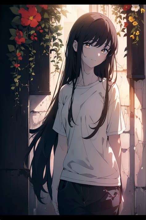 Anime Girl With Long Black Hair Standing In Front Of A Building Seaart Ai