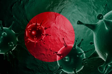 방글라데시 국기 코로나바이러스 독감 코로나바이러스 부동 마이크로뷰 전염병 바이러스 감염 아시아 독감과 3d 일러스트 바이러스