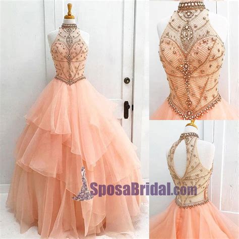 Halter High Neck Long Prom Gown Beaded Open Back Elegant Formal Prom