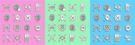 Set Line Palm Print Recognition Shield Eye Scan Fingerprint Eye Rejection Face Voice And