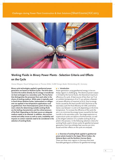 Pdf Working Fluids In Binary Power Plants Selection Criteria And Effects On The Cycle