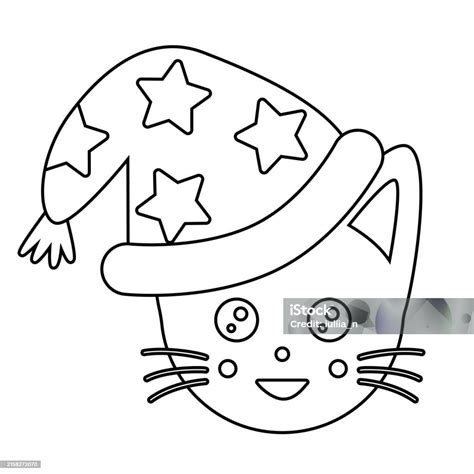 마법사 마술 모자에 있는 귀여운 고양이 머리 색칠하기 책을 위한 낙서 작풍 편평한 벡터 윤곽선 0명에 대한 스톡 벡터 아트 및