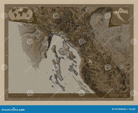 Primorsko Goranska Croatia Sepia Labelled Points Of Cities Stock