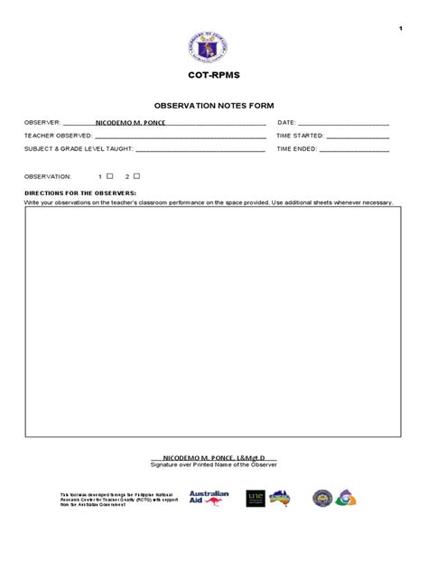 Observation Notes Form Pdf