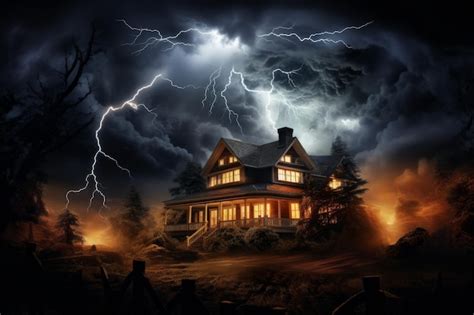 Premium Ai Image Raging Thunderstorm Illuminating A Haunted House