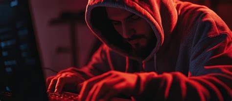 Hacker In A Redlit Room Premium Ai Generated Image