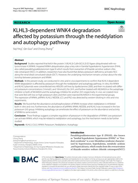 Pdf Klhl3 Dependent Wnk4 Degradation Affected By Potassium Through