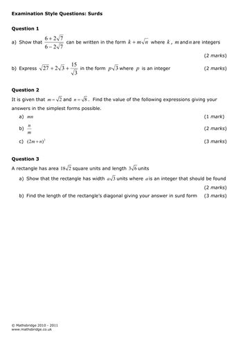 Surds Practice Question Sheet And Examination Style Questions