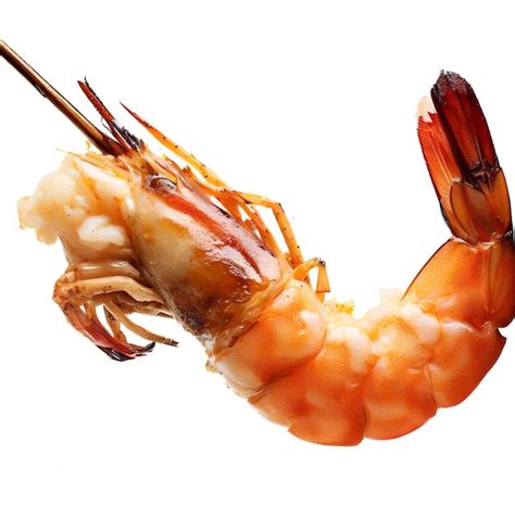 흰 배경에 분리된 꼬치가 있는 구운 껍질을 벗긴 새우 프리미엄 사진