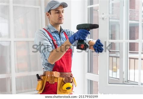 Worker Installing Checking Window House Stock Photo 2117950199