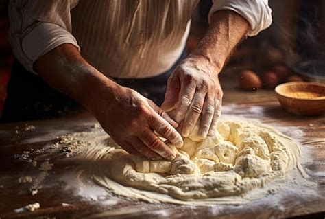 Premium Photo A Man Is Kneading Flour Into A Dough On A Brown Baking