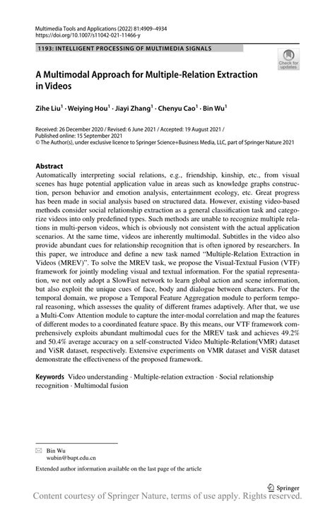 A Multimodal Approach For Multiple Relation Extraction In Videos Request Pdf