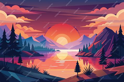 Premium Vector Sunset Lake Landscape Cartoon Vector Illustration Flat