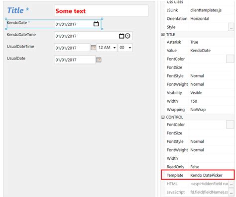 more properties for fields and kendo date and time pickers for dates