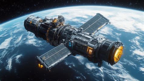 Futuristic Space Station Orbiting Earth Stock Illustration Illustration Of Spacecraft Future