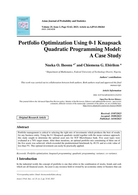 PDF Portfolio Optimization Using 0 1 Knapsack Quadratic Programming
