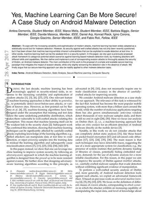 PDF Yes Machine Learning Can Be More Secure A Case Study On Android Malware Detection