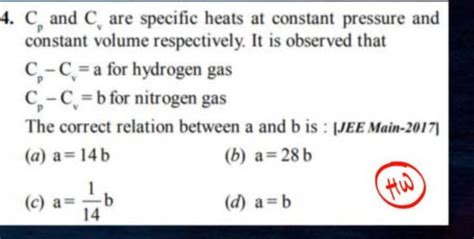 Cp And Cv Are Specific Heats At Constant Pressure And Constant Volume R