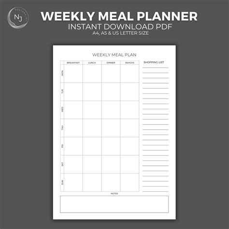 Minimal Meal Planner Printable One Page Weekly Meal Planner Etsy