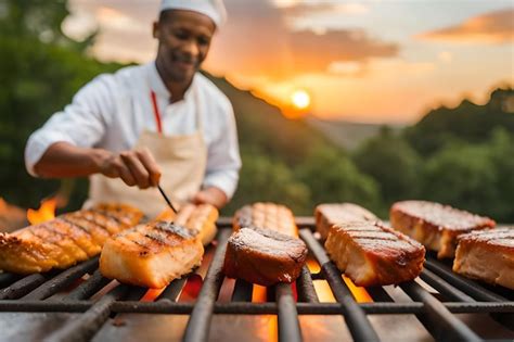 Premium Photo A Chef Grills Meat On A Barbecue