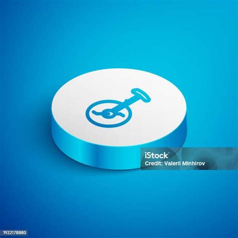 등각 투영 선 외발 자전거 또는 한 바퀴 자전거 아이콘 고립 통하고 있는 파란 배경 모노휠 자전거 흰색 원 버튼 벡터 1에 대한