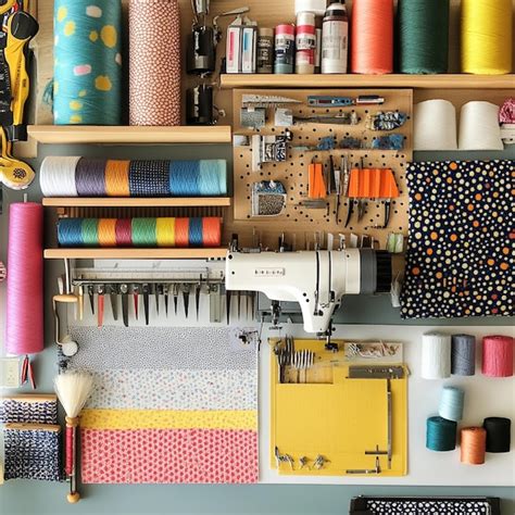 Visual Of A Sewing Machine Workspace With Organized Fabric And Tools