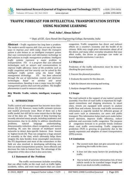 Traffic Forecast For Intellectual Transportation System Using Machine Learning Pdf