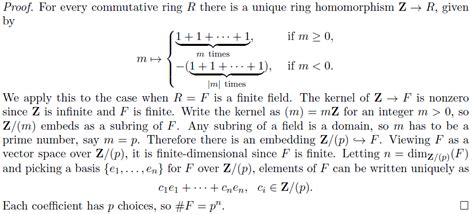 Abstract Algebra Proof That Any Finite Field Has Prime Power Order